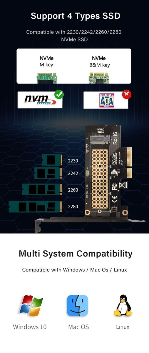 ROHS M.2 NVMe Till PCIe 4.0 X4-Adapter för 2280/2260/2242/2230 M.2 NVM ...